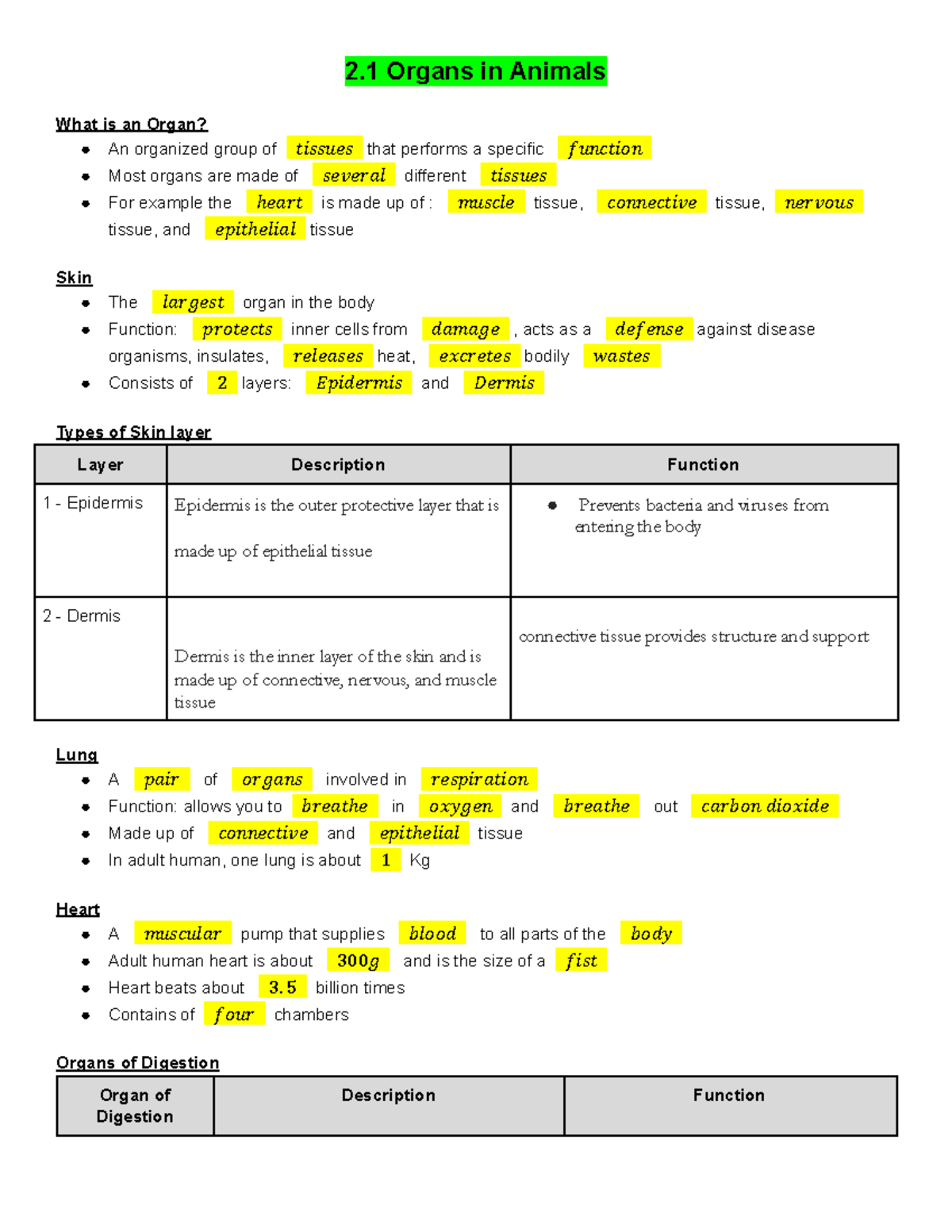 2.1 Organs in Animals [Student Note] - Google Docs - 2 Organs in ...