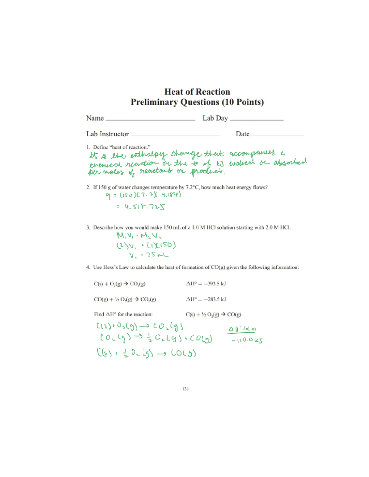 Pre-lab- heat of reaction - CHEM 2312 - Studocu