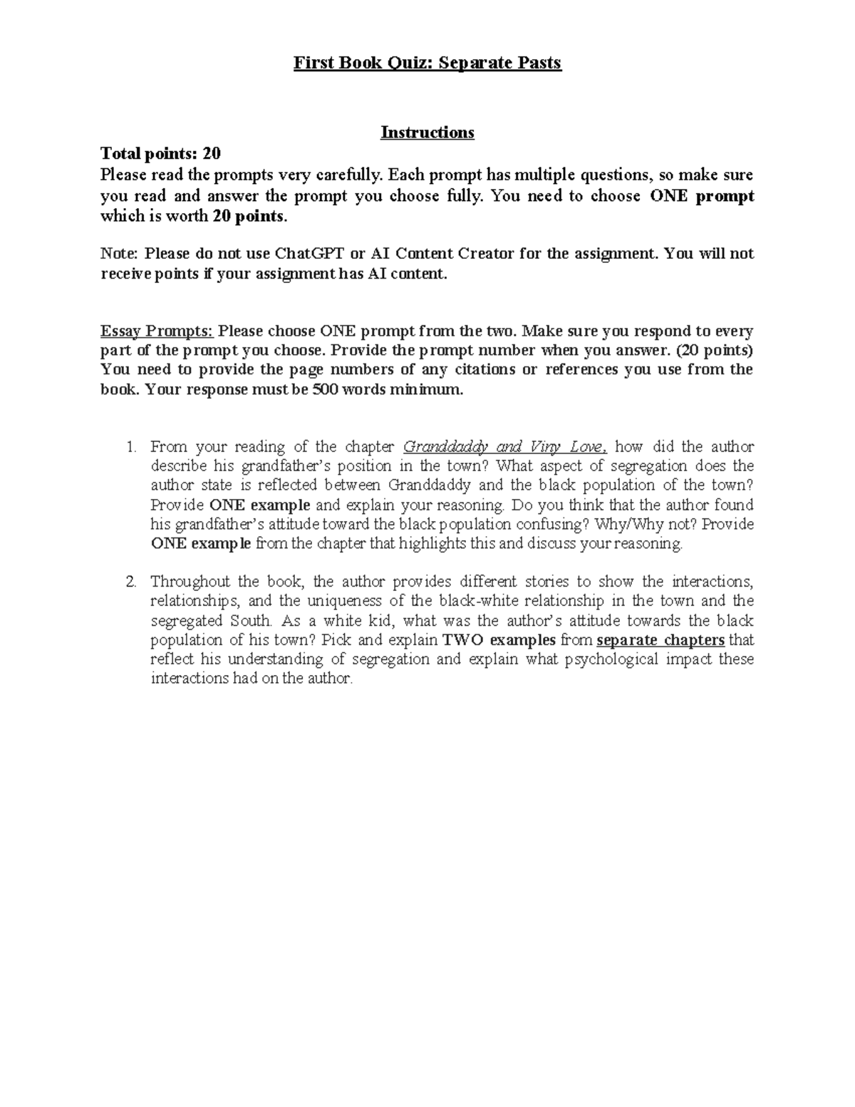 First Book Quiz - Each prompt has multiple questions, so make sure you ...