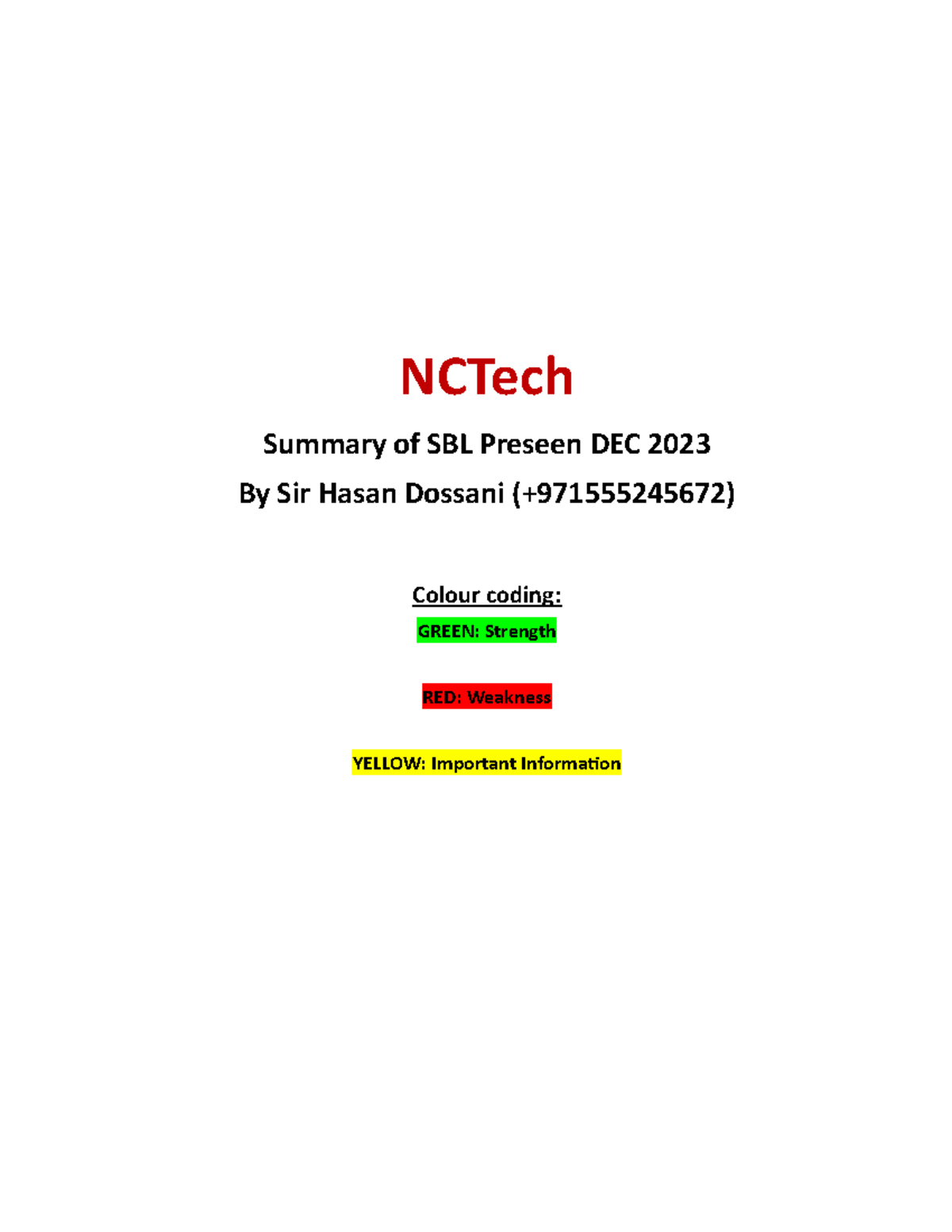 Simplified Summary of SBL Preseen DEC 2023 by Sir Hasan Dossani - NCTech Summary of SBL Preseen ...