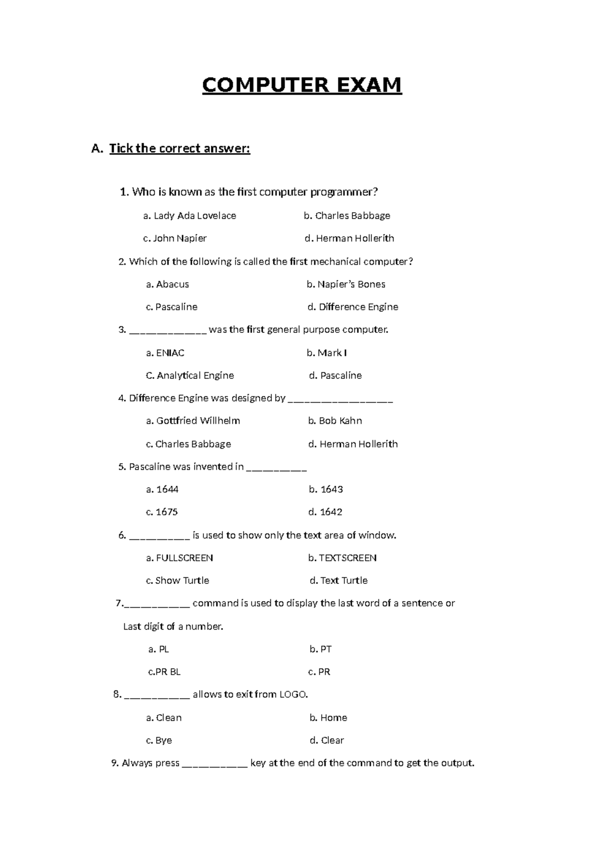 Computer EXAM - COMPUTER EXAM A. Tick the correct answer: 1. Who is ...