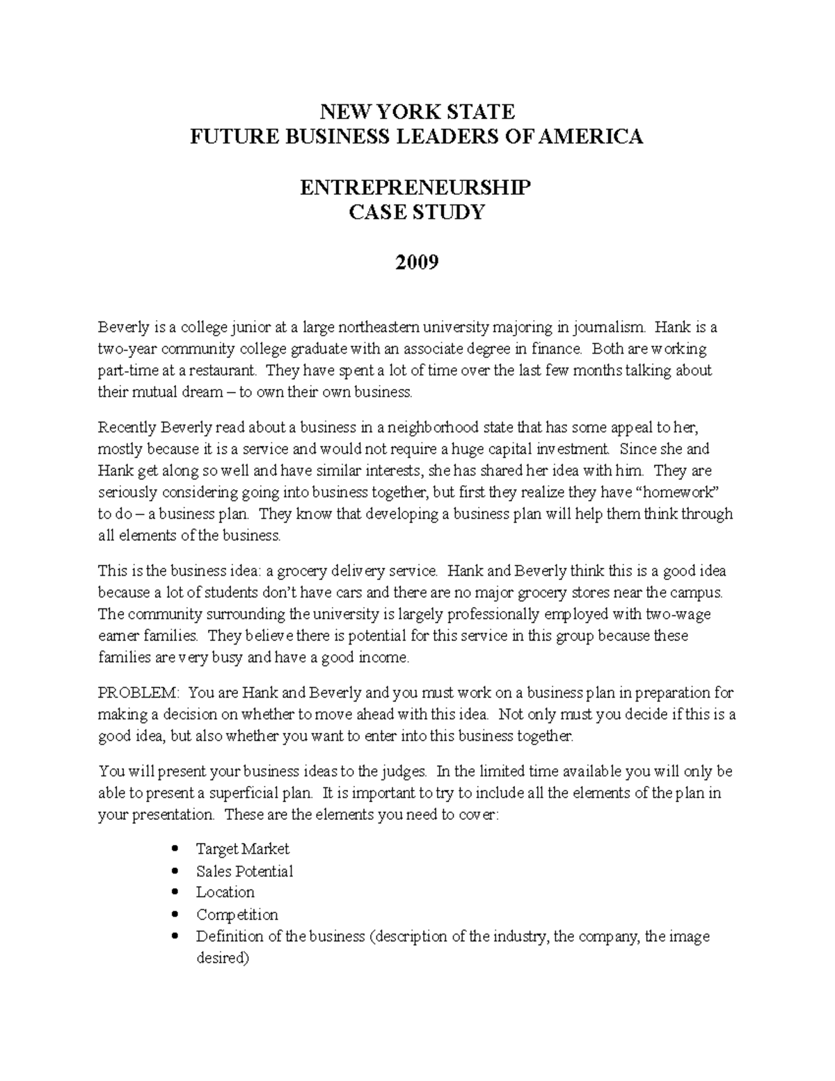 Entrepreneurship case - NEW YORK STATE FUTURE BUSINESS LEADERS OF ...
