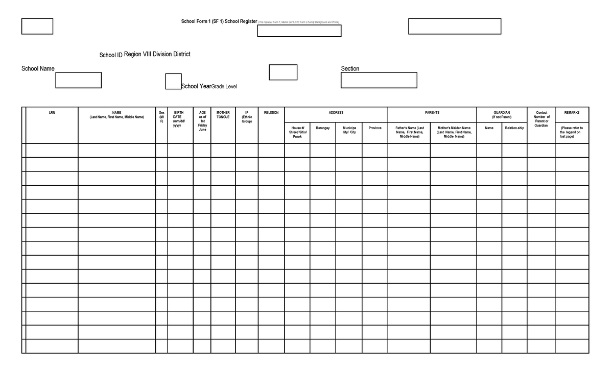 SF 1 Register - reviewer - School Form 1 (SF 1) School Register (This ...