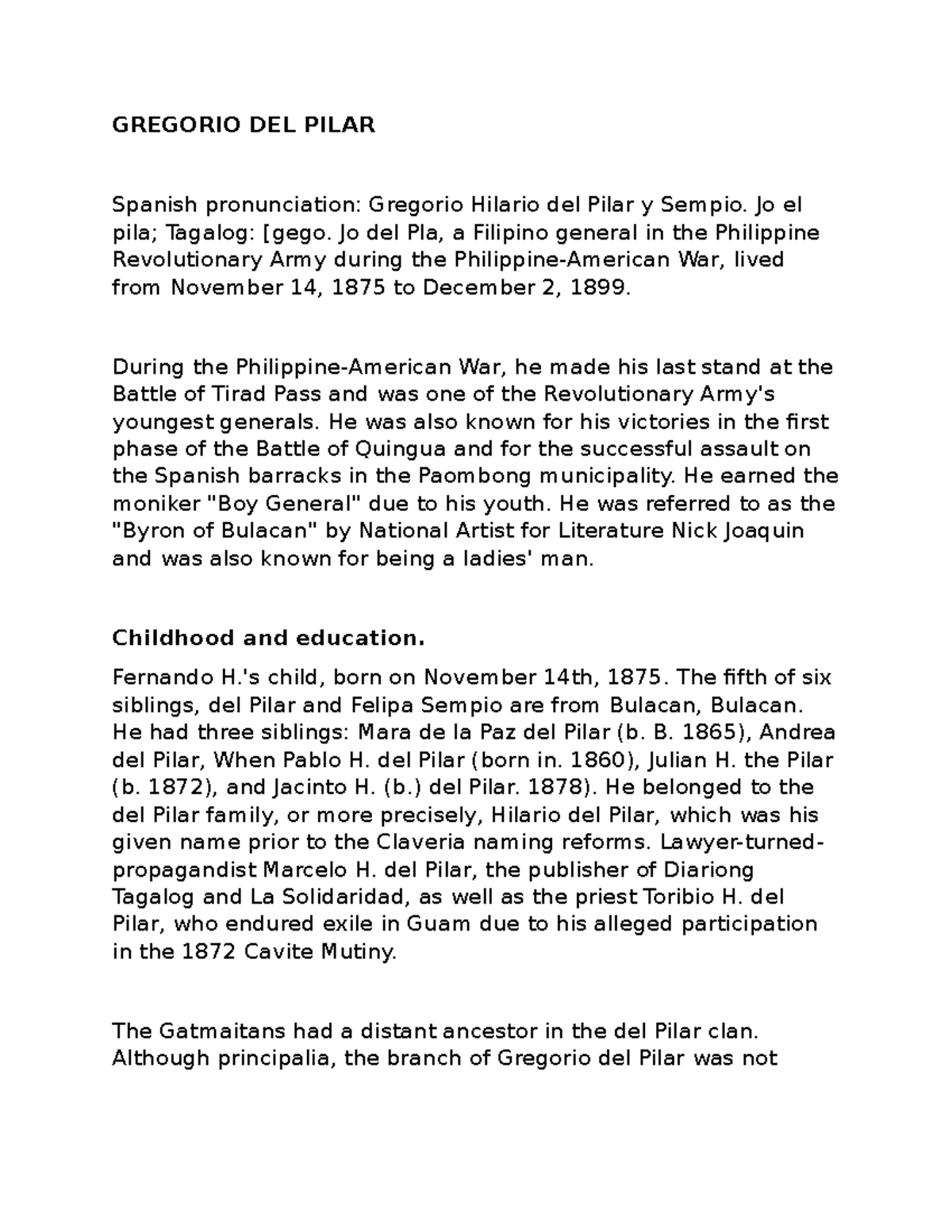 Gregorio DEL Pilar - philippine hero - GREGORIO DEL PILAR Spanish ...
