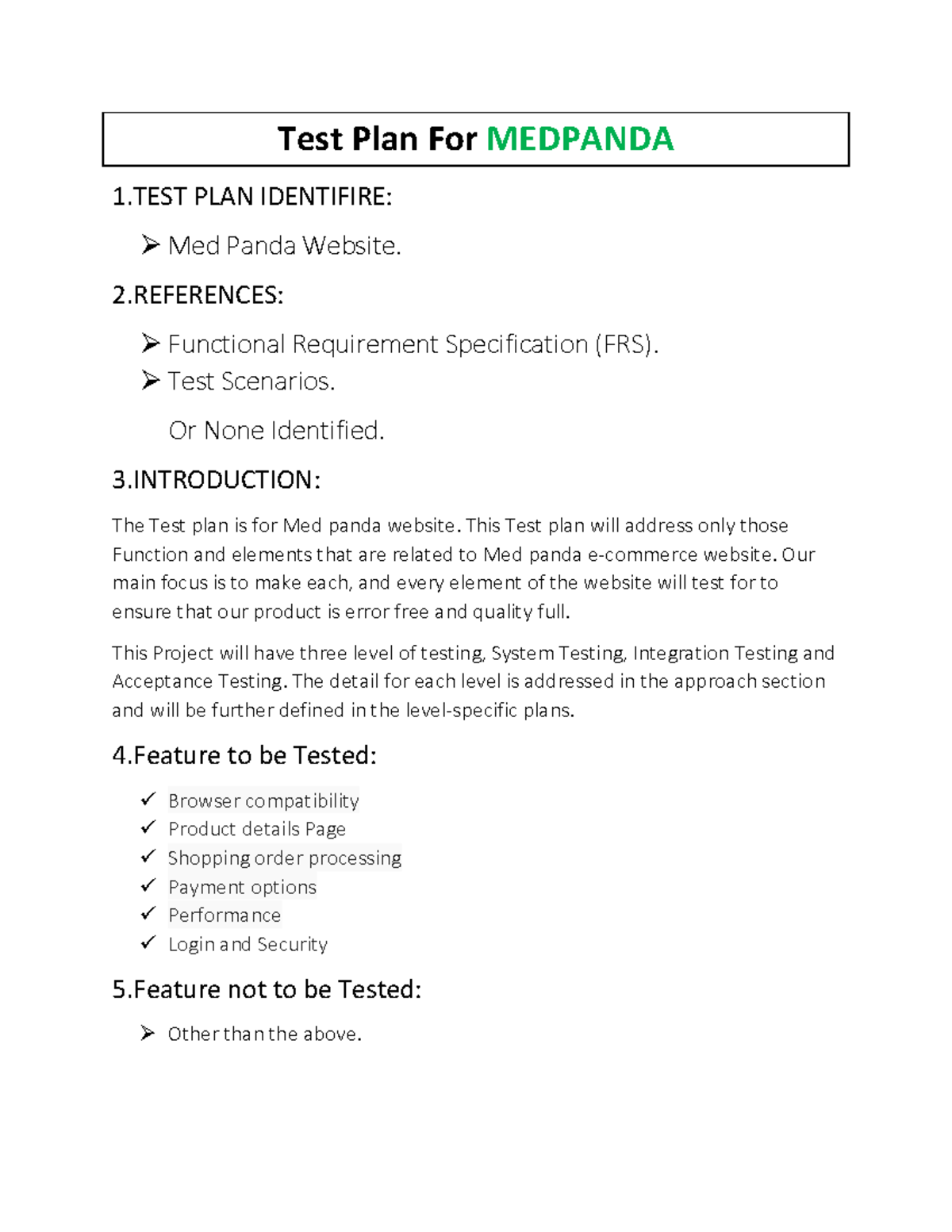 Test Plan For Medpanda - This document contains Test Plan for a ...