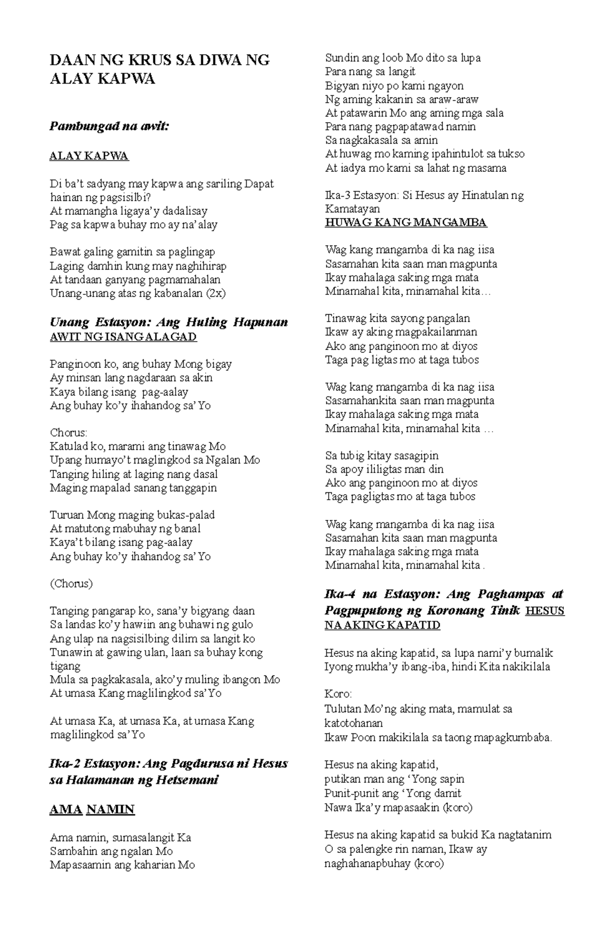 Awit sa Daan ng Krus - DAAN NG KRUS SA DIWA NG ALAY KAPWA Pambungad na ...