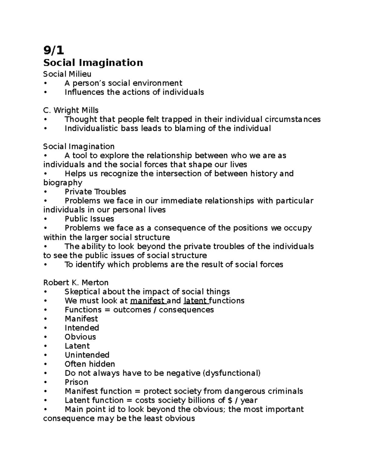 Social Imagination notes - 9/ Social Imagination Social Milieu A person ...