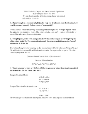 LAB 6 Prelab - Physics I pre Lab 6 - Lab Section: 221-032L Group 11 ...