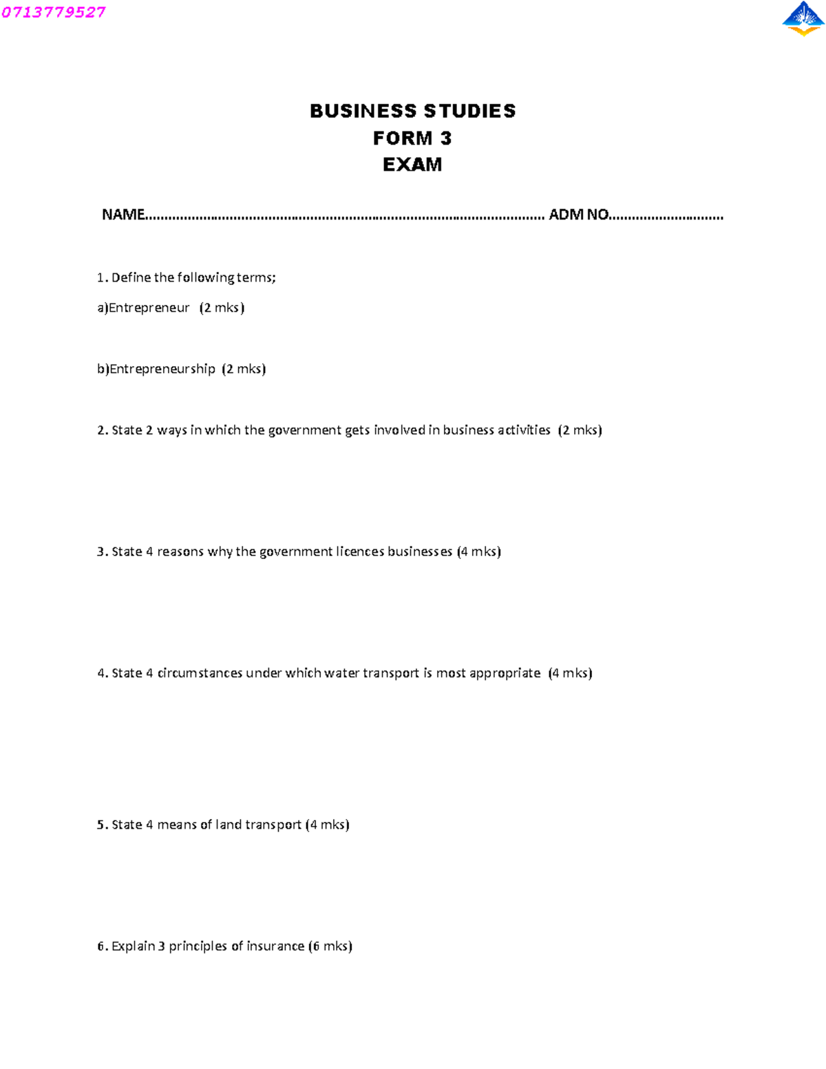 BUS F3 QS - for revision - BUSINESS STUDIES FORM 3 EXAM - Studocu