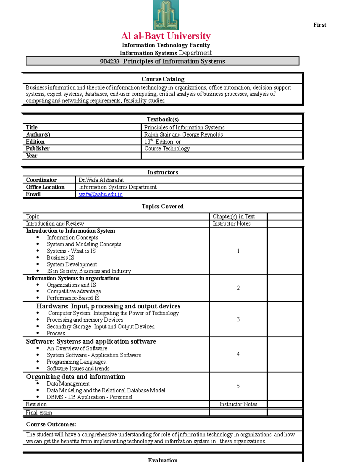 Syllabus PIS 2021- 2022 - principles of information systems - AABU ...