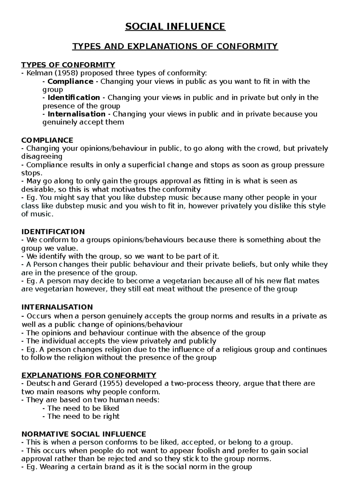 Social Influence - Notes - SOCIAL INFLUENCE TYPES AND EXPLANATIONS OF ...