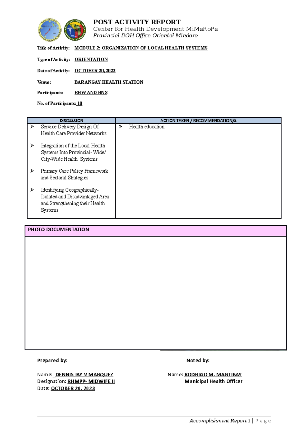 Organization OF l OCAL Health Systems - POST ACTIVITY REPORT Center for ...