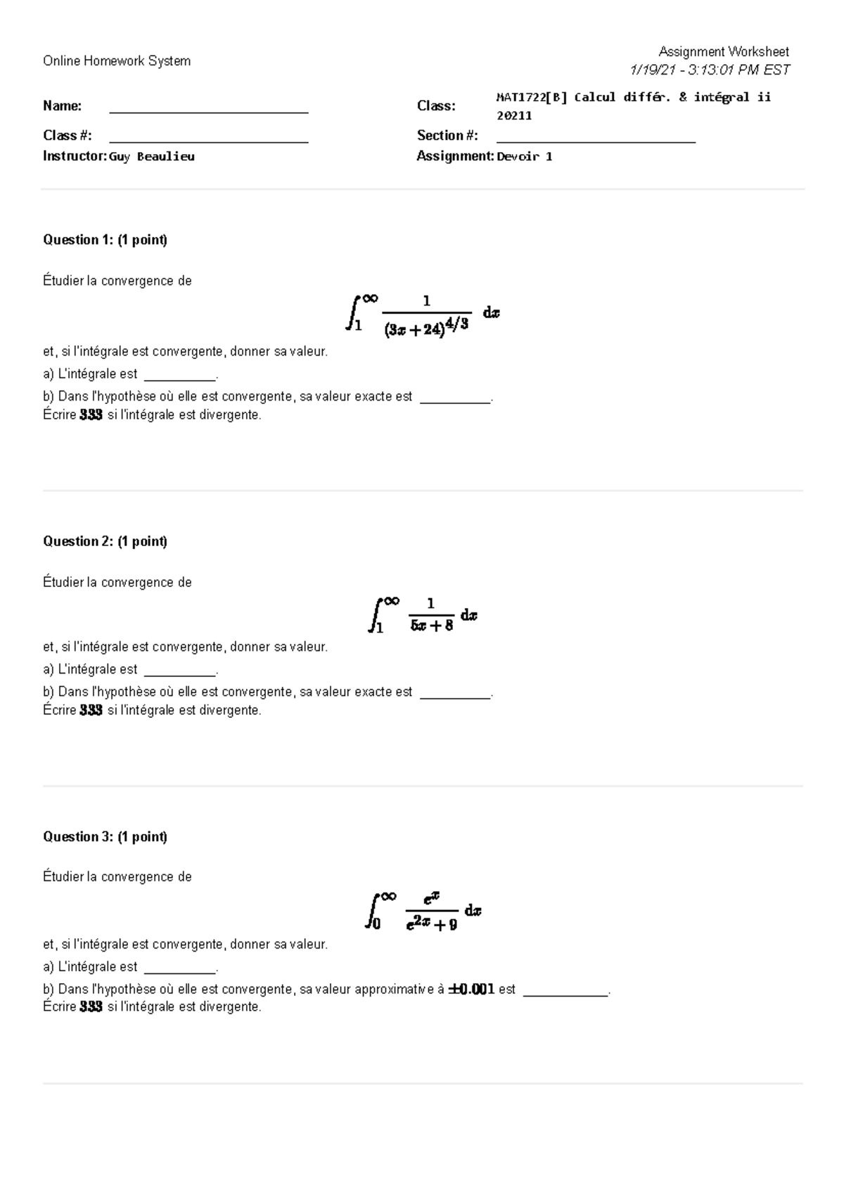 1722 math hw 1 - sdf - Online Homework System 1/19/21 - 3:13:01 PM EST ...