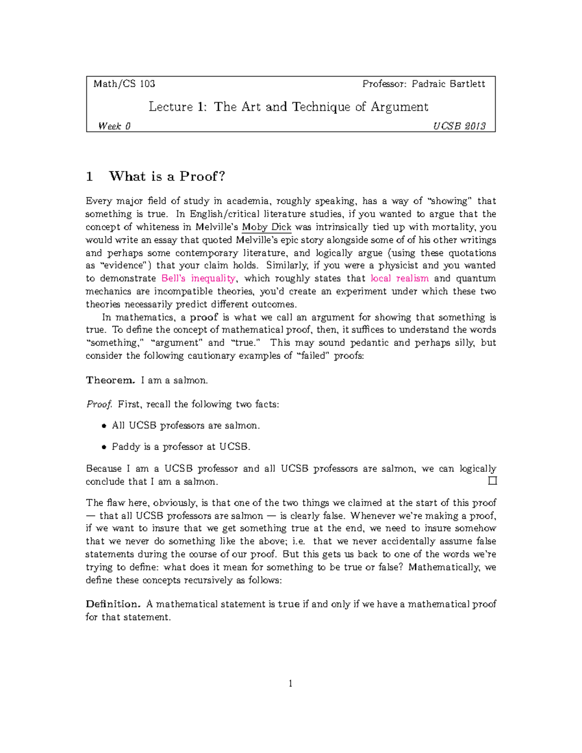 Mathcs 103 fall 2013 lecture 1 - Math/CS 103 Professor: Padraic ...