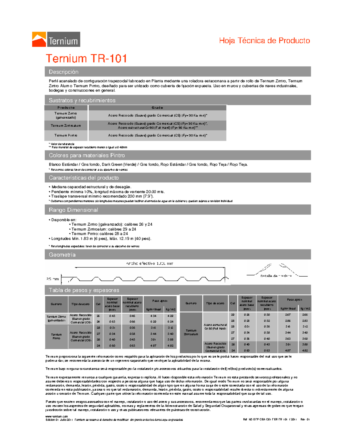 Ternium-tr-101-ca - NINGUNA - Ternium TR- Hoja Técnica de Producto Descripción Perfil acanalado ...