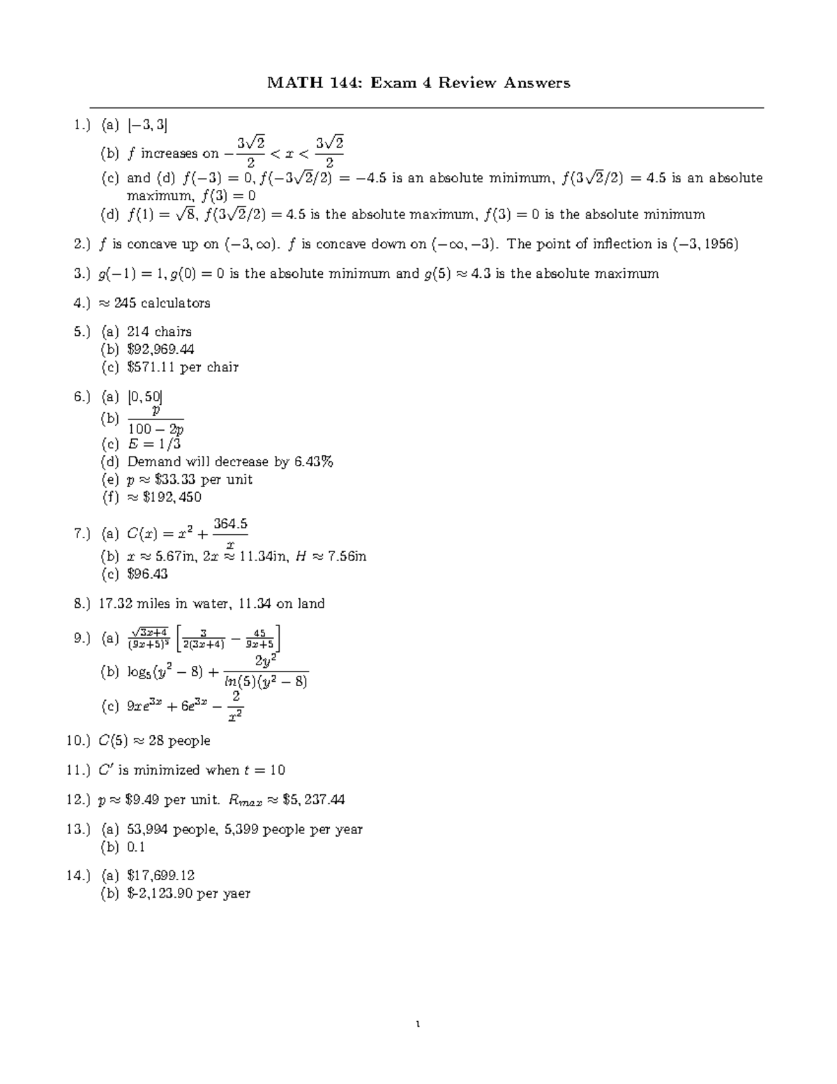 M144 Ex 4 Answers - MATH 144: Exam 4 Review Answers 1.) (a) [−3, 3] √ √ ...