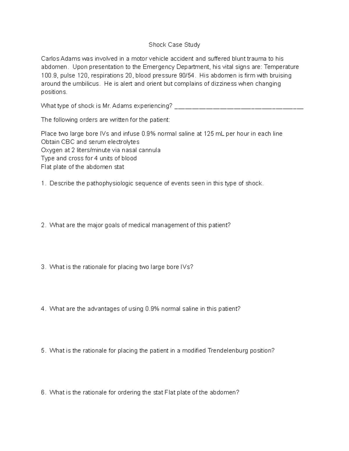 Shock Case Study - Shock Case Study Carlos Adams was involved in a ...