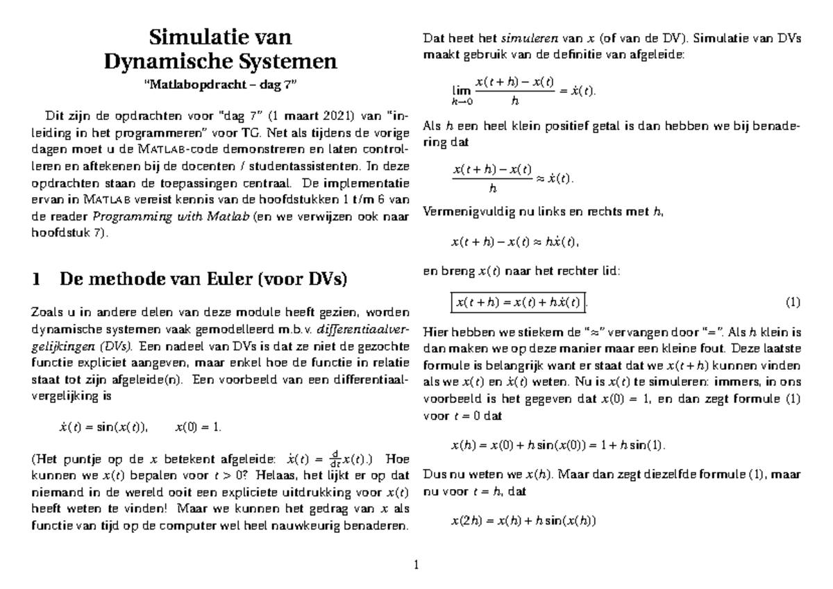 Simulatie - opdracht op 1 maart - Simulatie van Dynamische Systemen ...