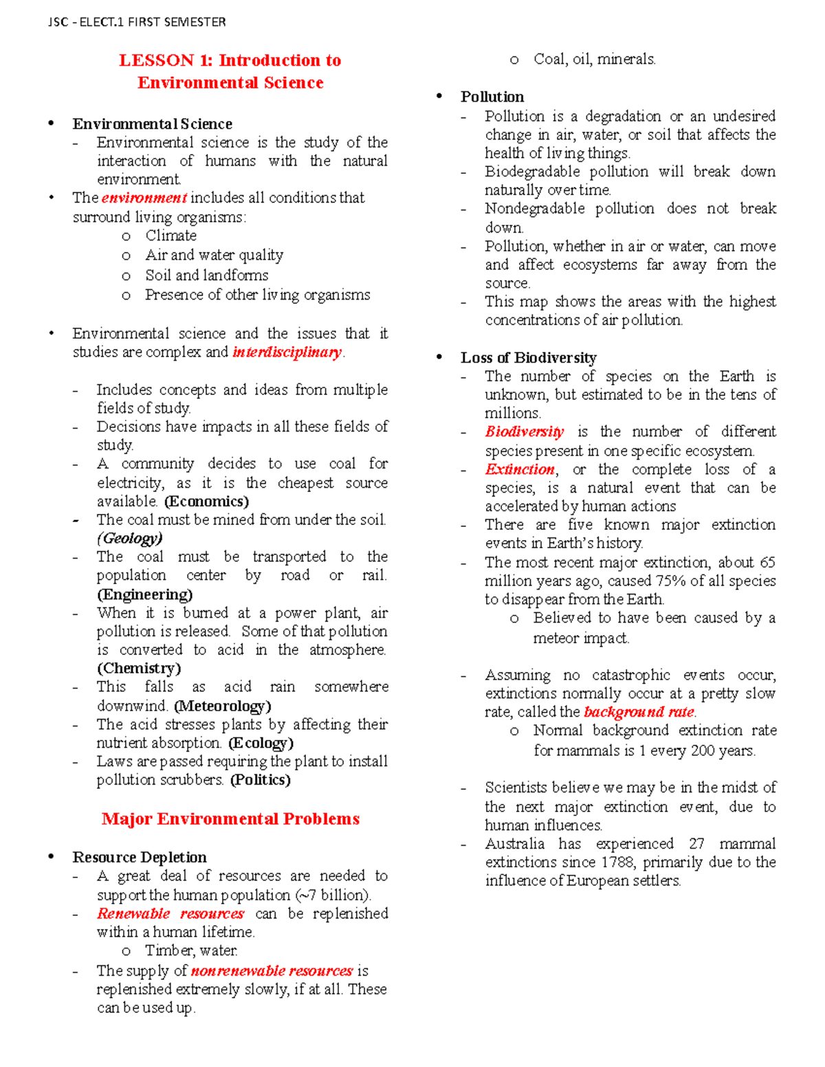 JSC - Elect.1 Introduction to Environmental Science - LESSON 1 ...