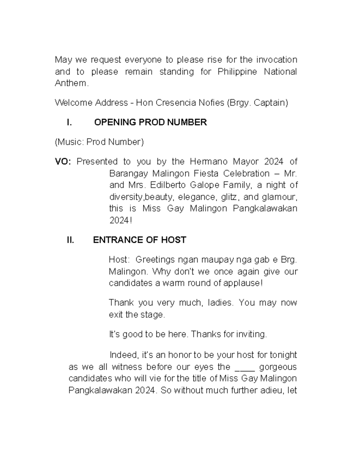 Malingon - Emcee Script - May we request everyone to please rise for ...