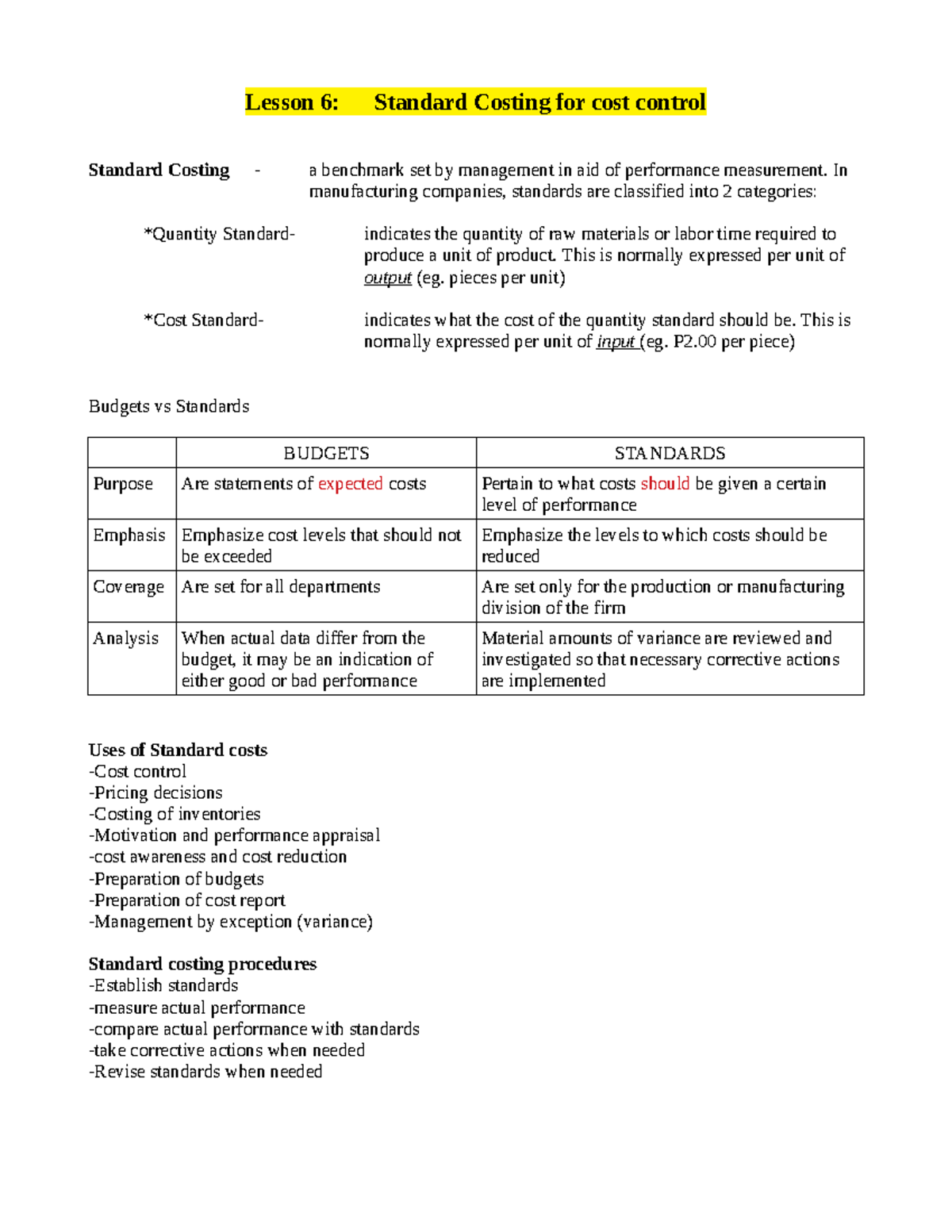 Lesson 5 Standard Costing SCM - Lesson 6: Standard Costing for cost ...