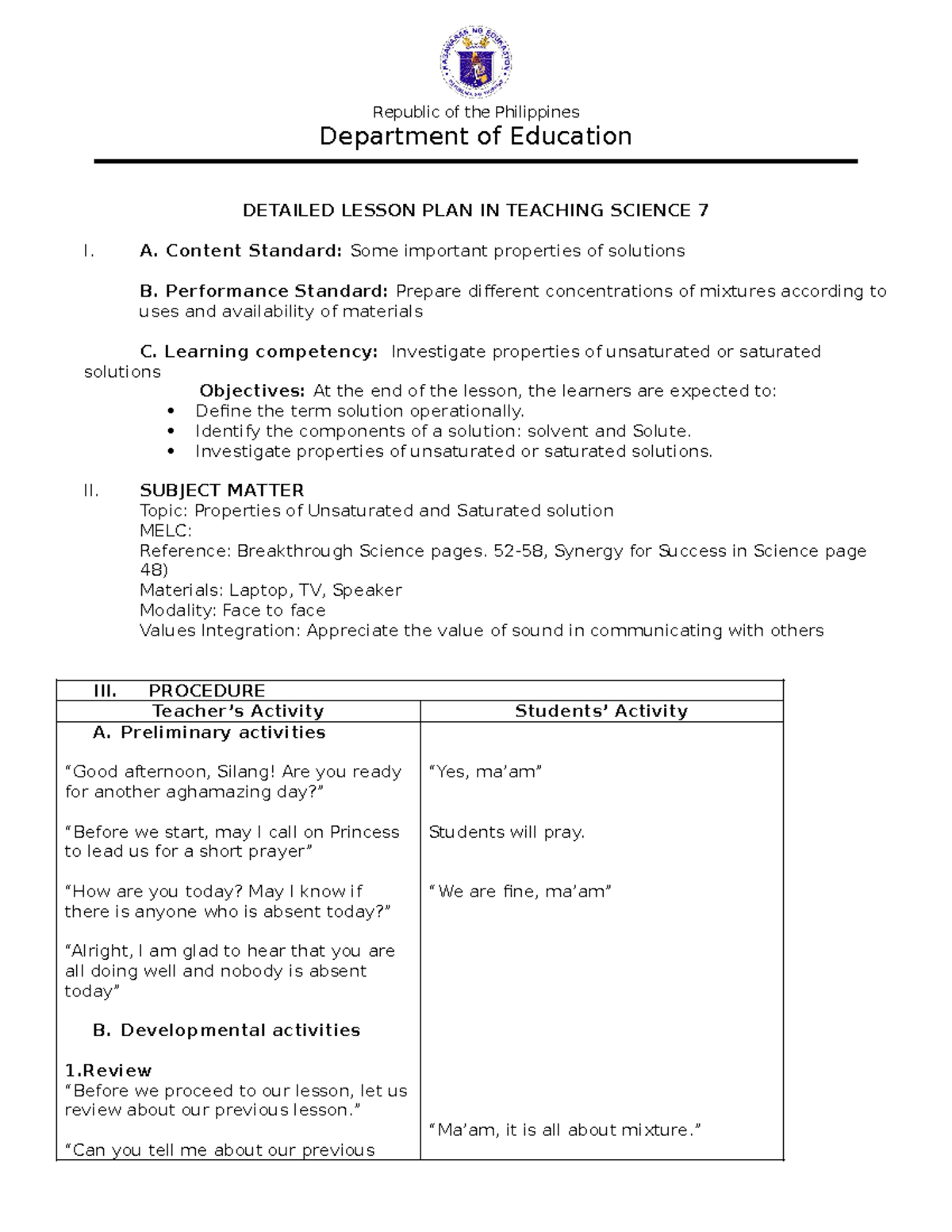 COT-Science-7 - Republic of the Philippines Department of Education ...