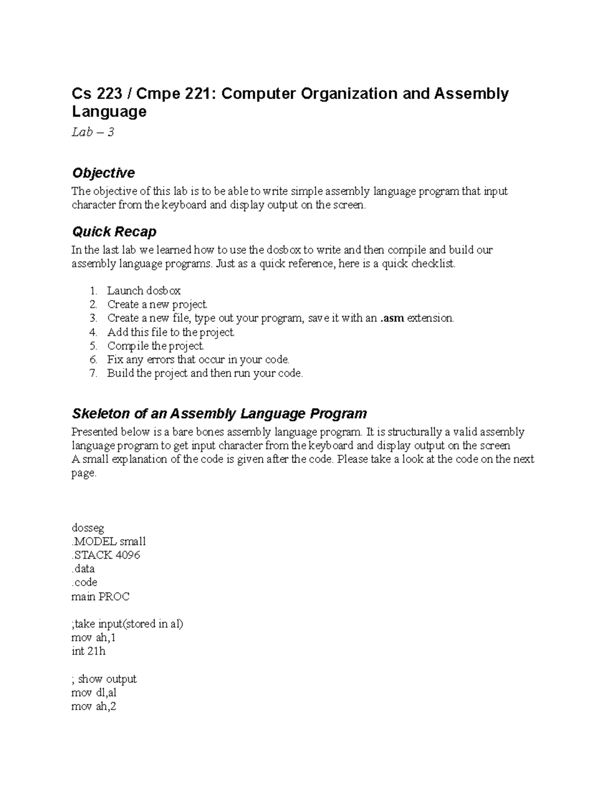 Lab3 task - sda - Cs 223 / Cmpe 221: Computer Organization and Assembly Language Lab – 3 ...