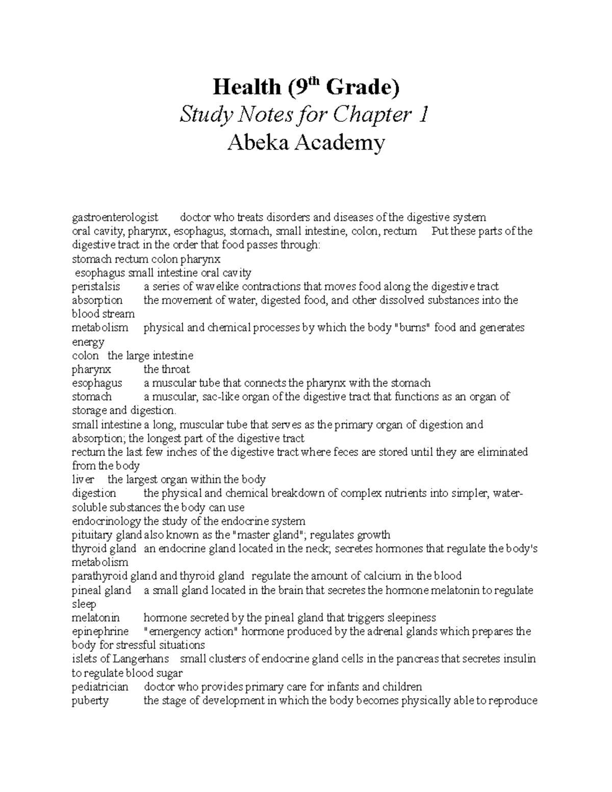 Health Study Notes - Health ( th Grade) Study Notes for Chapter 1 Abeka ...