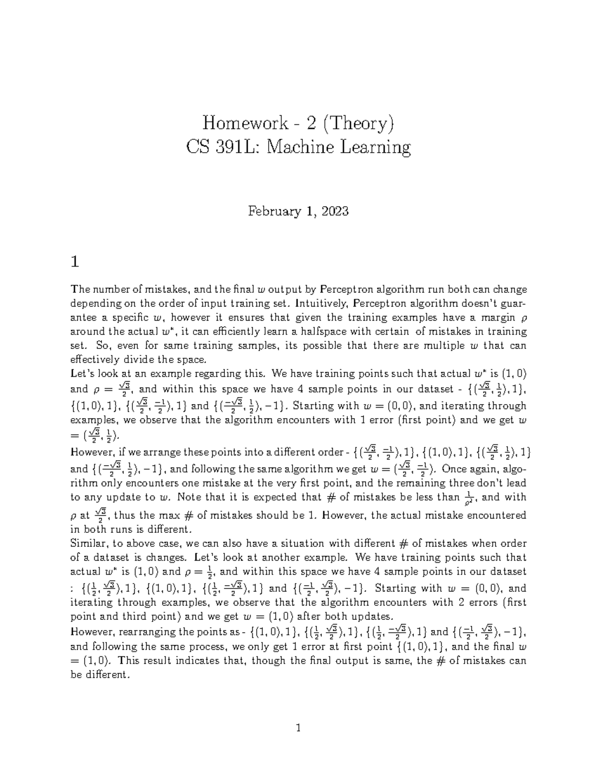 HW2t pqrst 124 - gyt - Homework - 2 (Theory) CS 391L: Machine Learning February 1, 2023 1 The ...