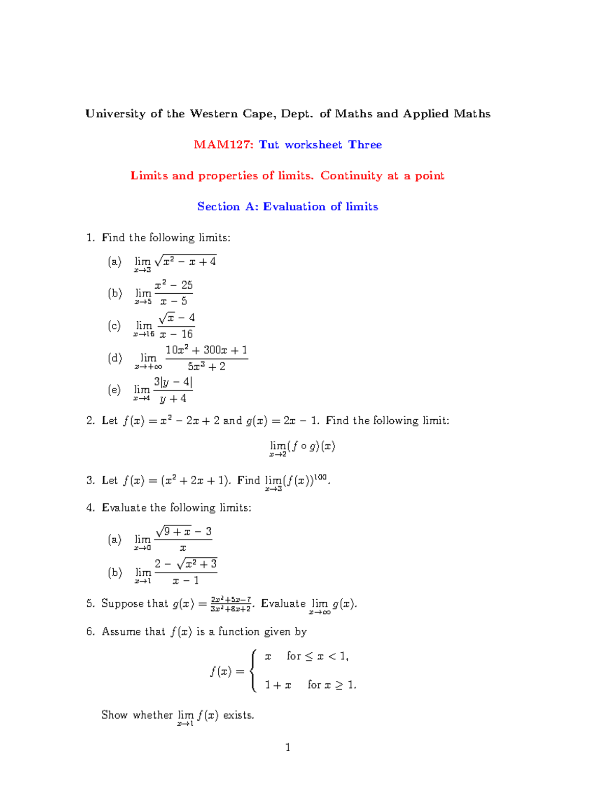 Mam127 Tut worksheet Three - University of the Western Cape, Dept. of Maths and Applied Maths ...