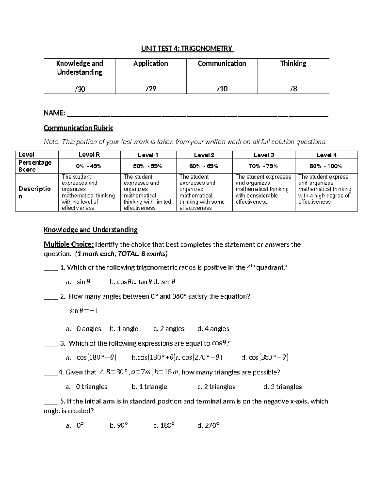 MCR 3U1 Unit 4 Trigonometry Unit Test Copy 3 - UNIT TEST 4 ...