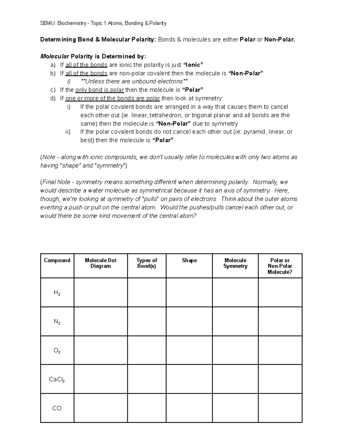 1 - Polarity Worksheet - SBI4U: Biochemistry - Topic 1 Atoms, Bonding ...
