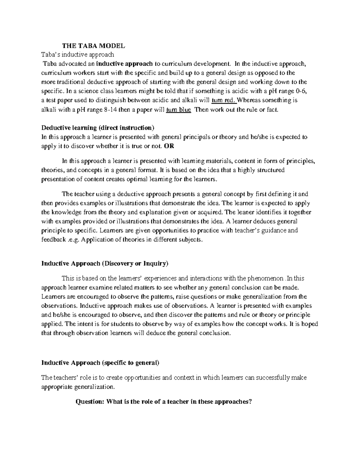 THE TABA Model - Lecture Notes - THE TABA MODEL Taba’s inductive ...