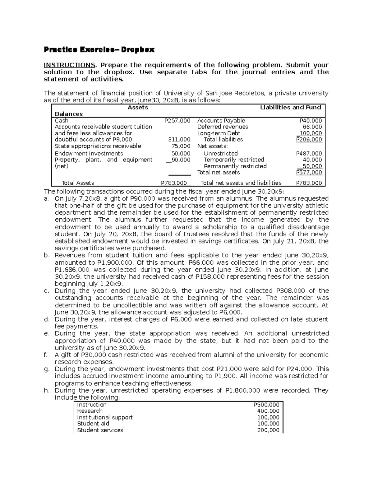 Practice Exercise - Accounting for NPE Colleges and Universities ...