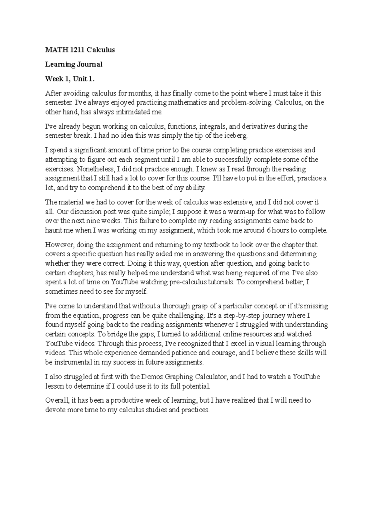 MATH 1211 Calculus. Learning Journal Unit 1 - MATH 1211 Calculus ...