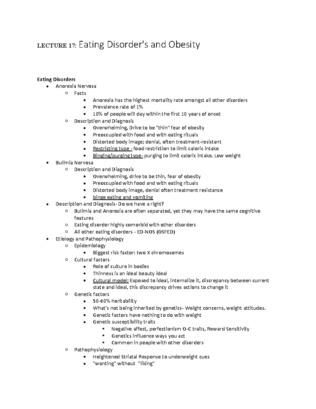 Abnormal Psych - Lecture 17 - LECTURE 17: Eating Disorder's and Obesity ...