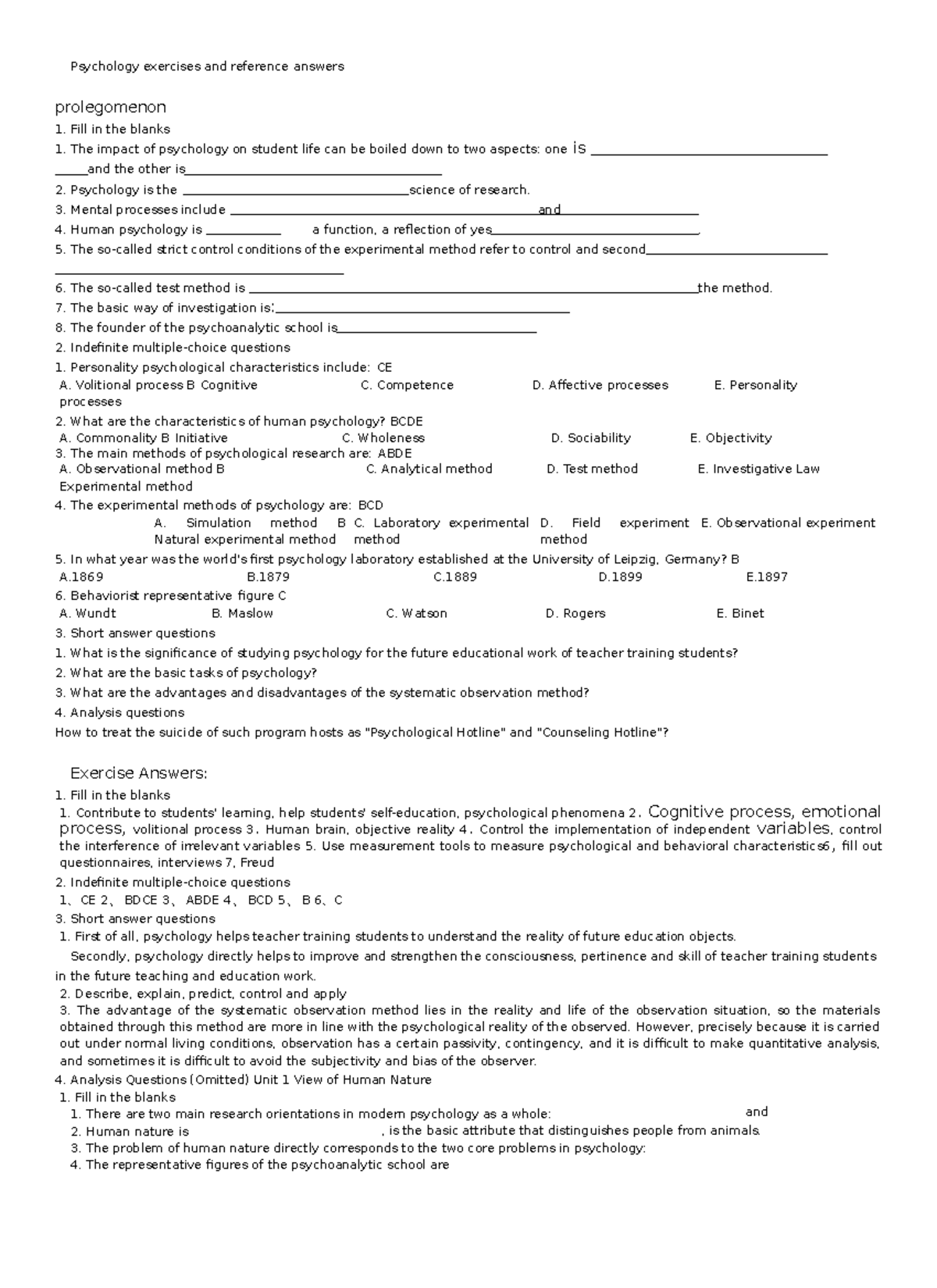 Psychology exercises and reference answers PSYC206 - Psychology ...