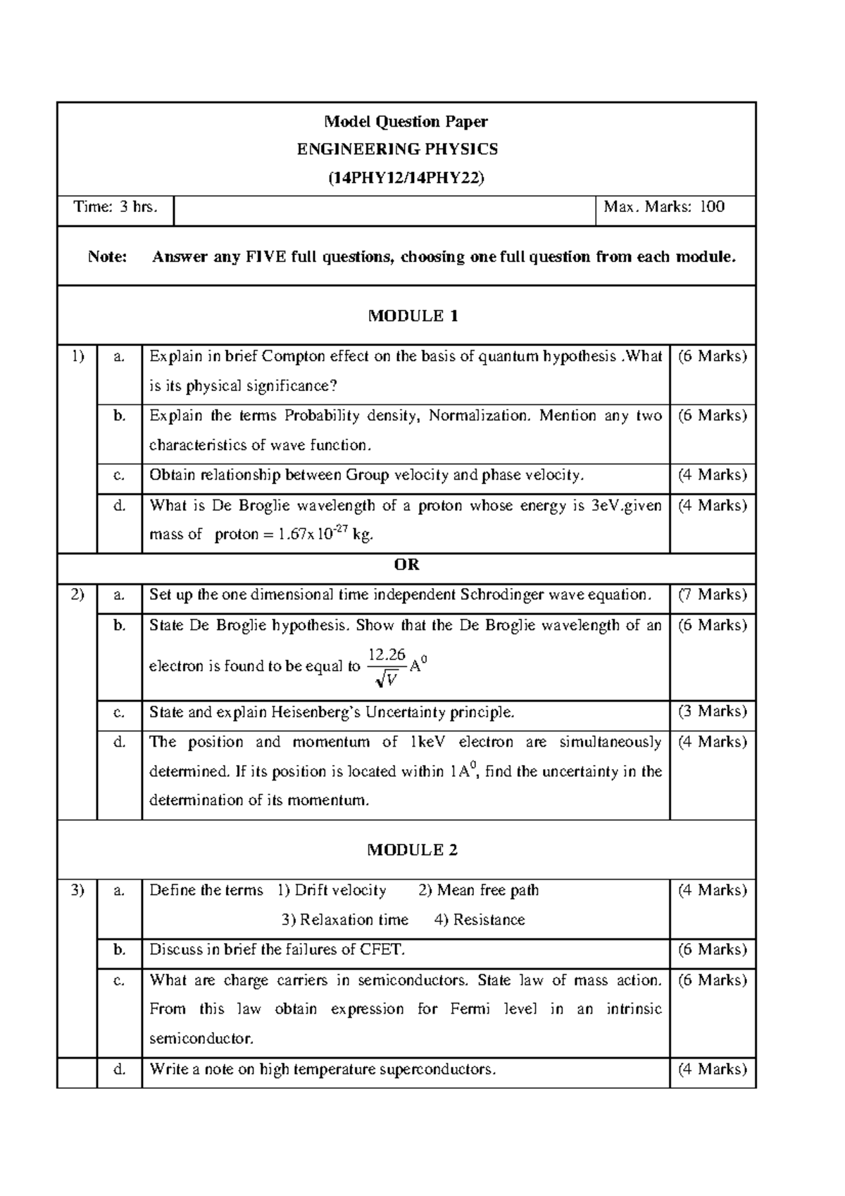12phy - old question paper - Model Question Paper ENGINEERING PHYSICS ...