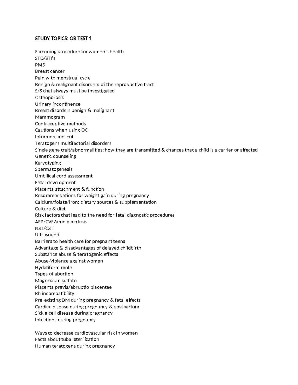 Topics OB Test 1 - STUDY TOPICS: OB TEST 1 Screening procedure for ...