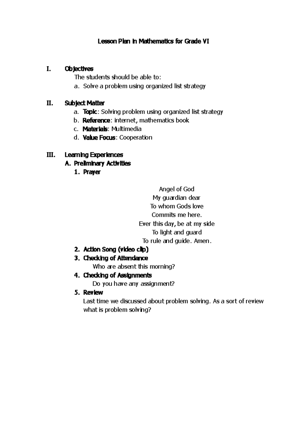 Lesson Plan in Mathematics for Grade V1 lovely - Lesson Plan in ...