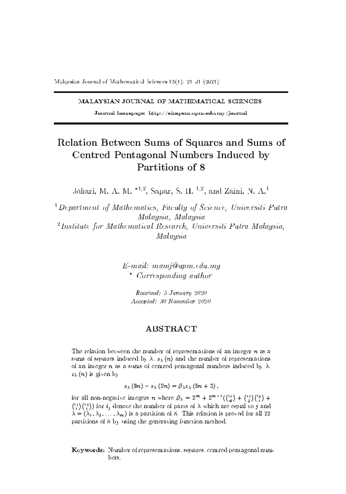 Relation Between Sums of Squares and Sums of Centred Pentagonal Numbers Induced by Partitions of ...
