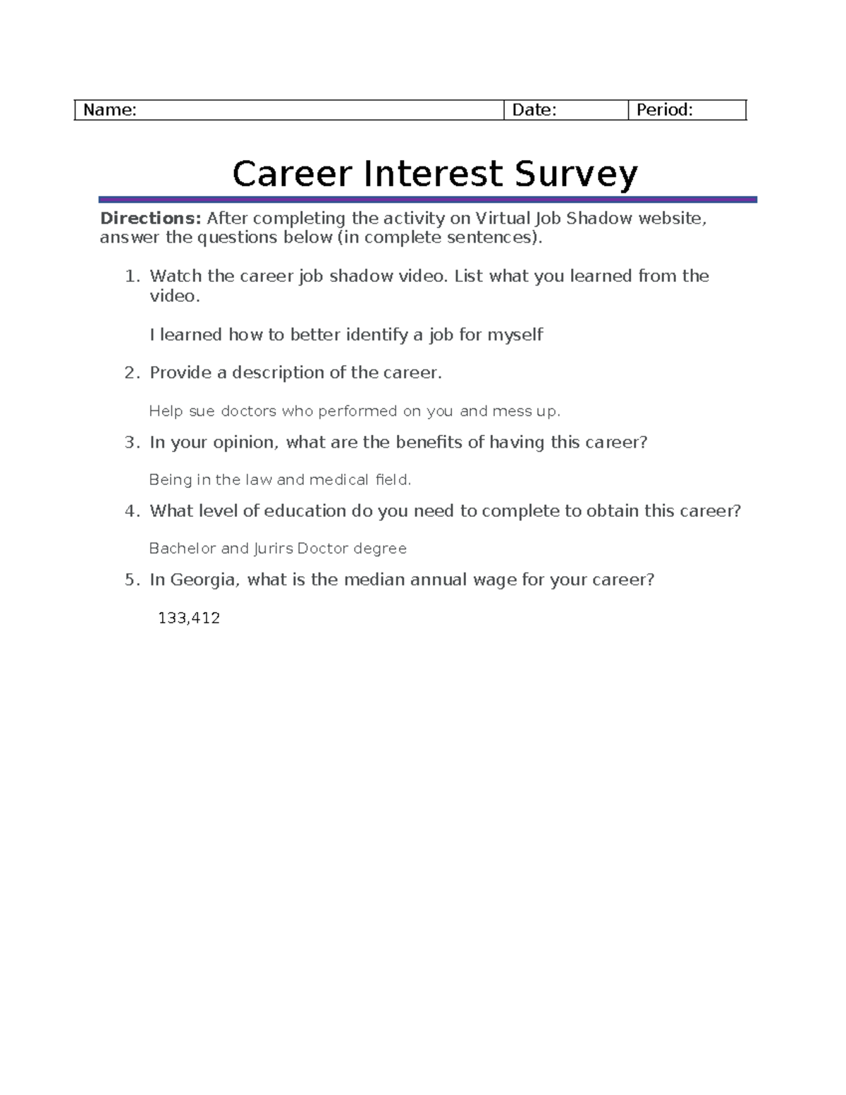 Career Interest Survey 1 - Name: Date: Period: Career Interest Survey ...