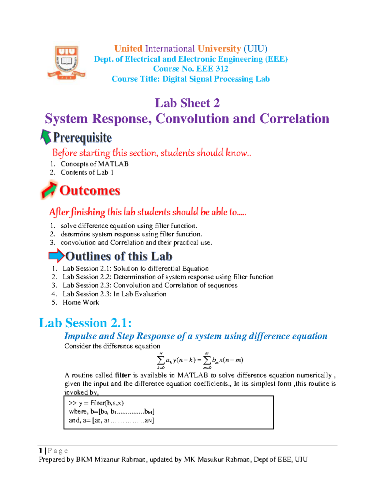 212 EEE 3310 Lab Sheet 02 - 1 | P a g e Lab Sheet 2 System Response, Convolution and Correlation ...