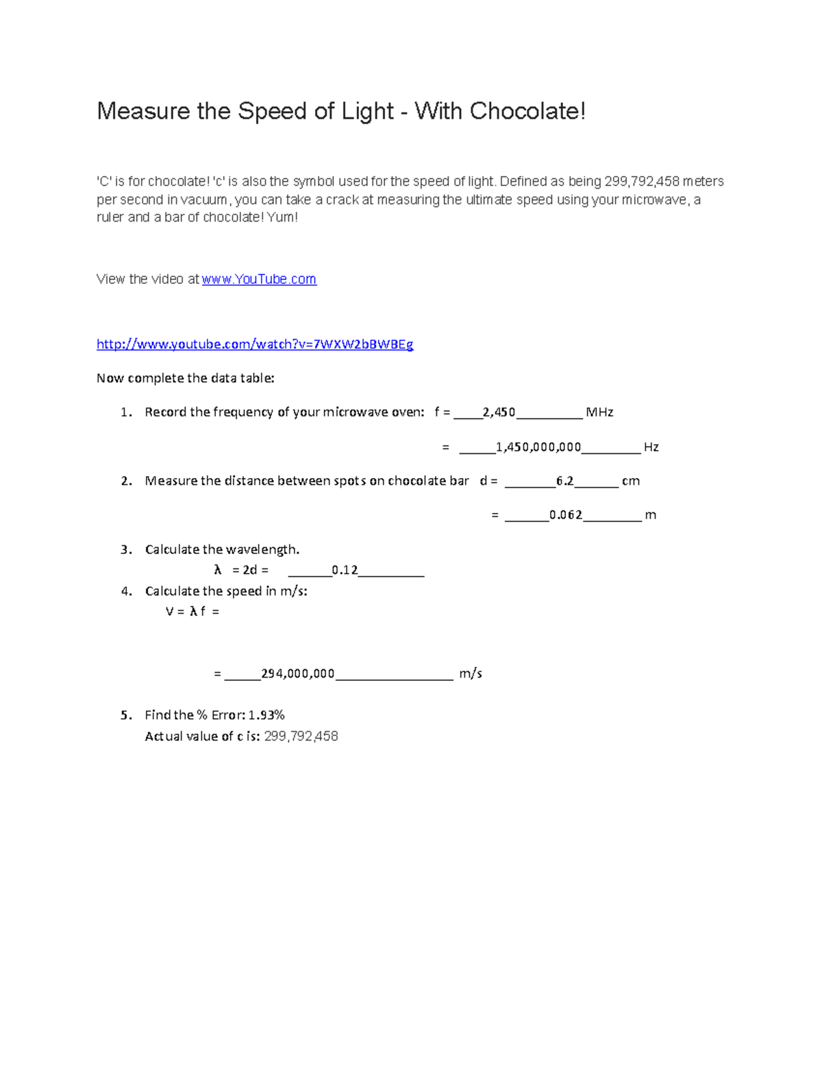 PHYS LAB Measure the Speed of Light with Chocolate Bar USE THIS ...