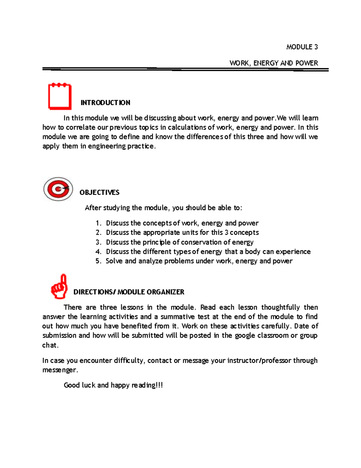 Work - 1st year - MODULE 3 WORK, ENERGY AND POWER INTRODUCTION In this ...