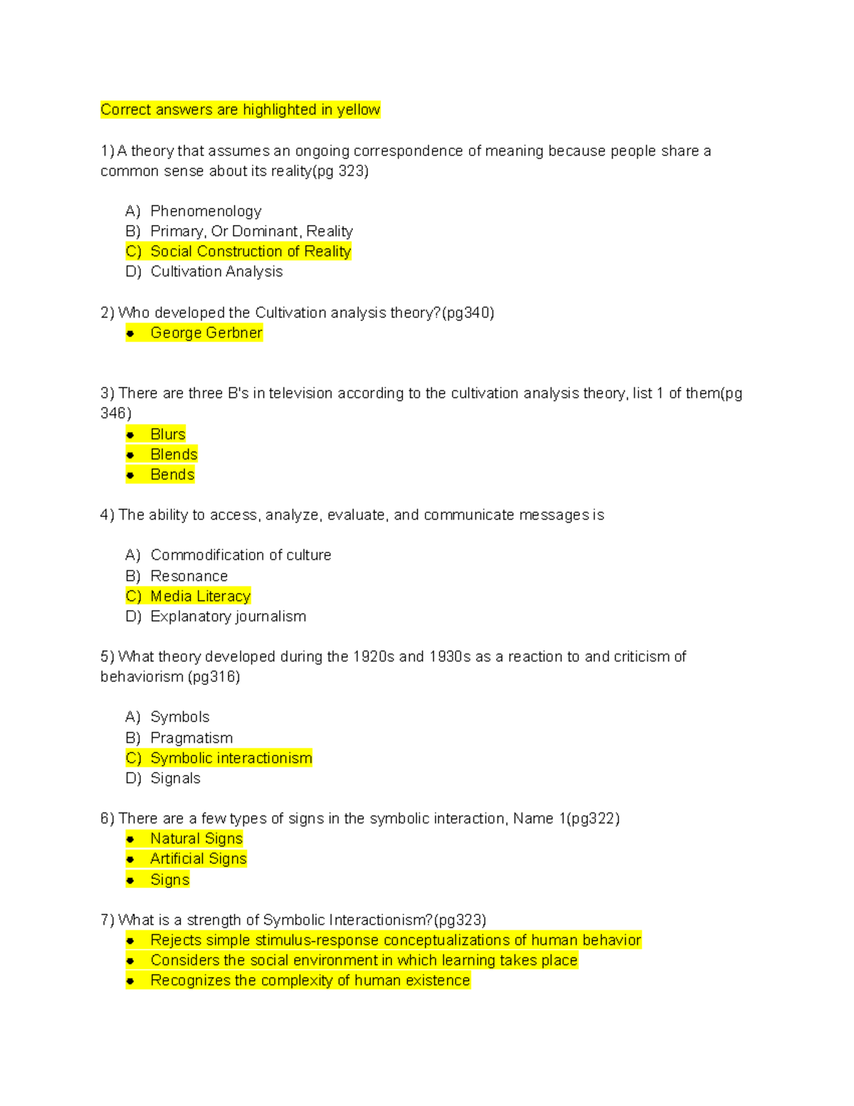 Reverse Quiz Answers - Correct answers are highlighted in yellow A ...