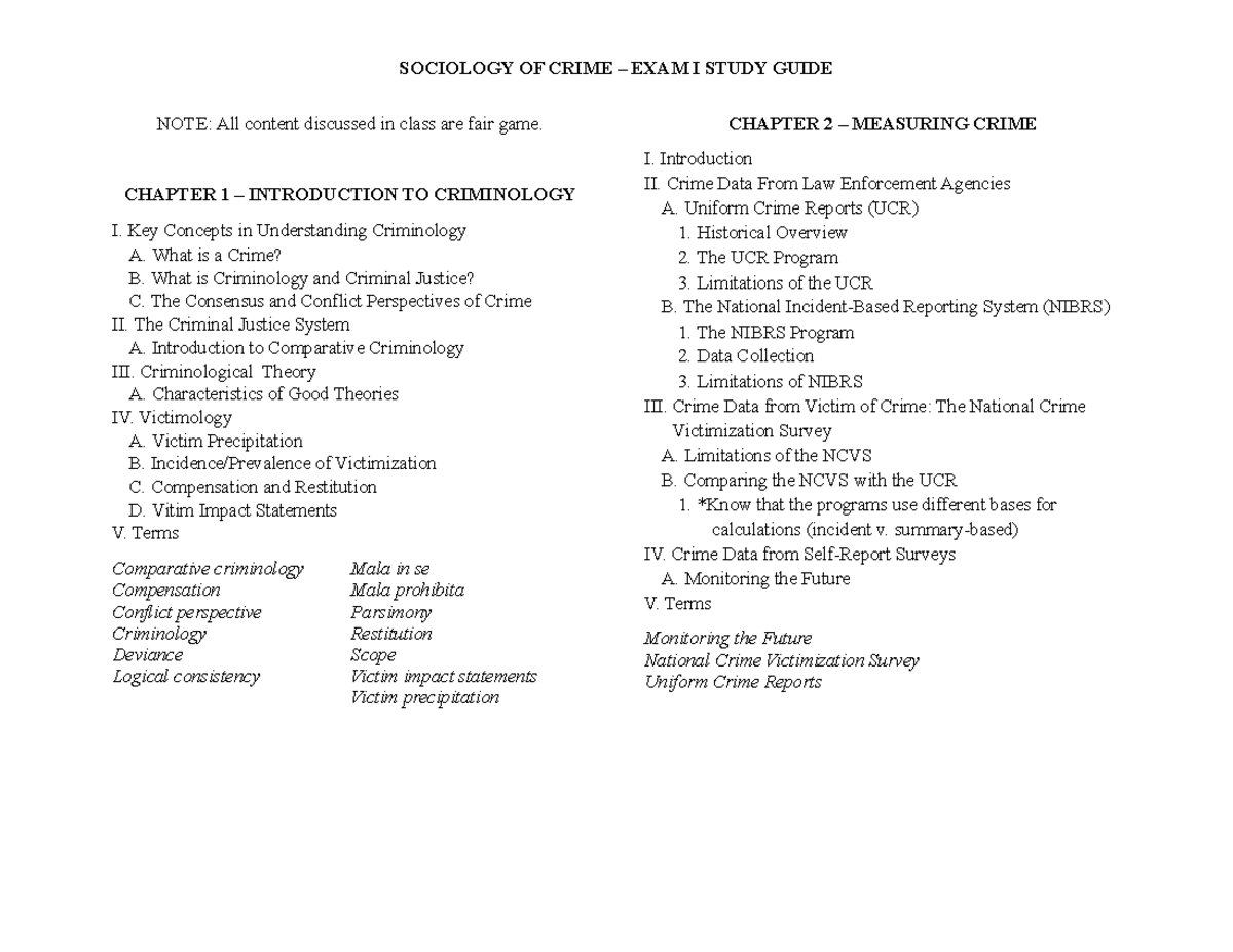 Exam I Study Guide - Summary Sociology of Crime - NOTE: All content ...