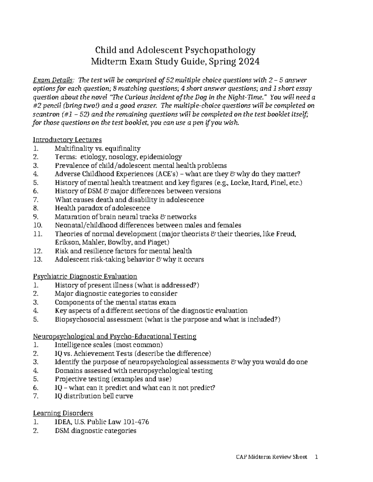 CAP Midterm Exam Study Guide Spring 2024 - Child and Adolescent ...