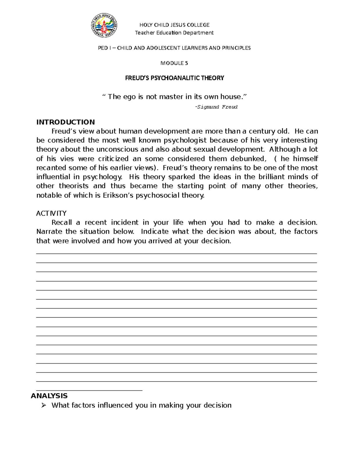 Ped-1-module-5 - ped - Teacher Education Department PED I – CHILD AND ...
