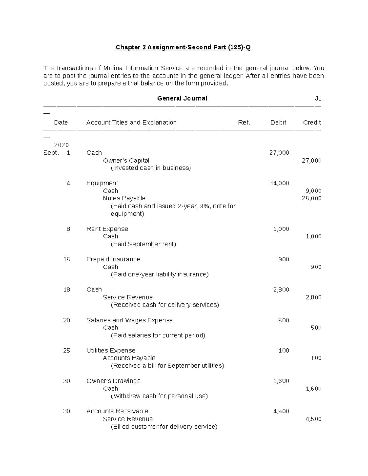 Chapter 2 Assignment-Second Part - You are to post the journal entries to the accounts in the ...